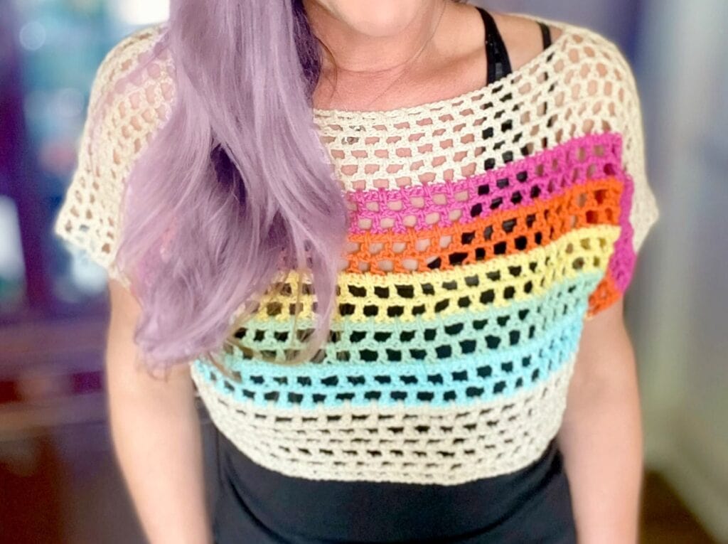 Free Crochet Crop Top Pattern | Rainbow Mesh Tee - Stardust Gold Crochet